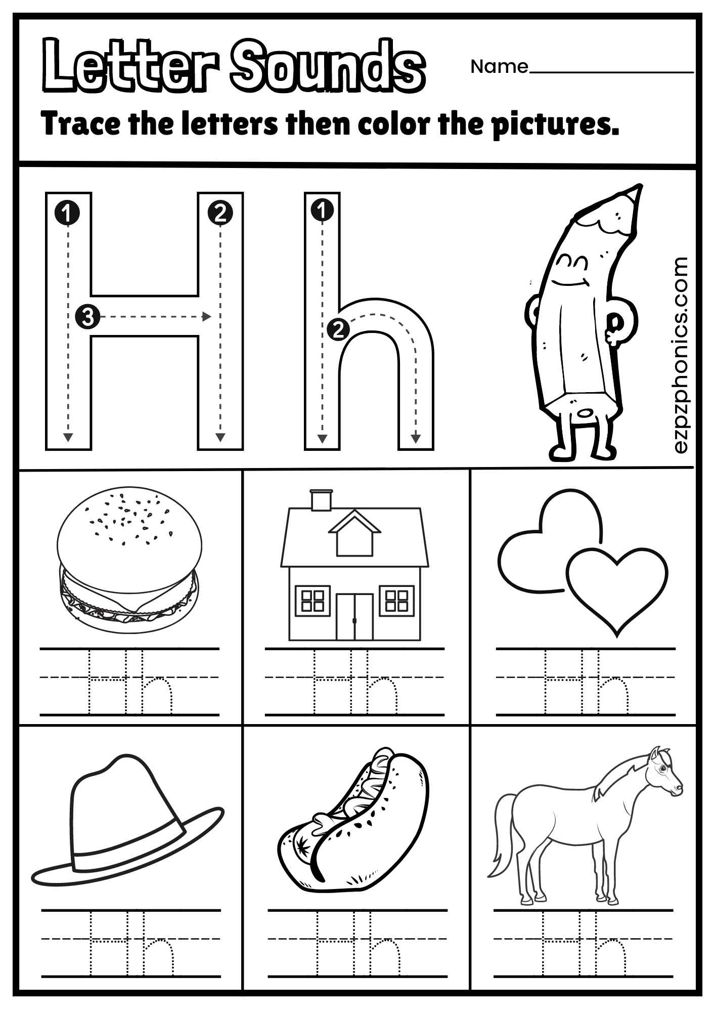 Letter Hh Trace and Color the Pictures Free PDF Download - ezpzphonics.com